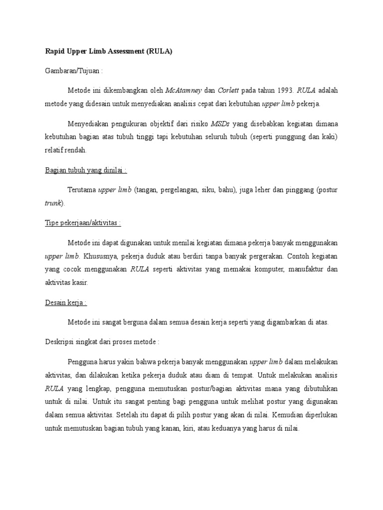 RAPID UPPER LIMB ASSESSMENT (RULA): EVALUATING WORKSTATION ERGONOMIC ...