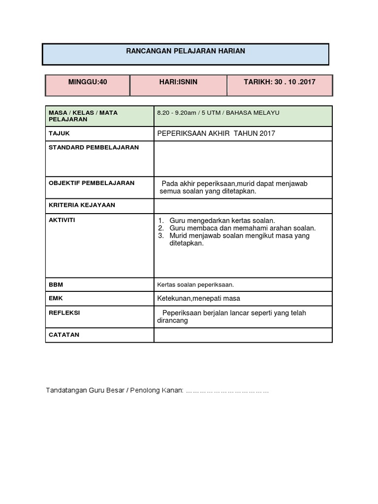 RPH Minggu 40 Exam Akhir Tahun 2017 | PDF