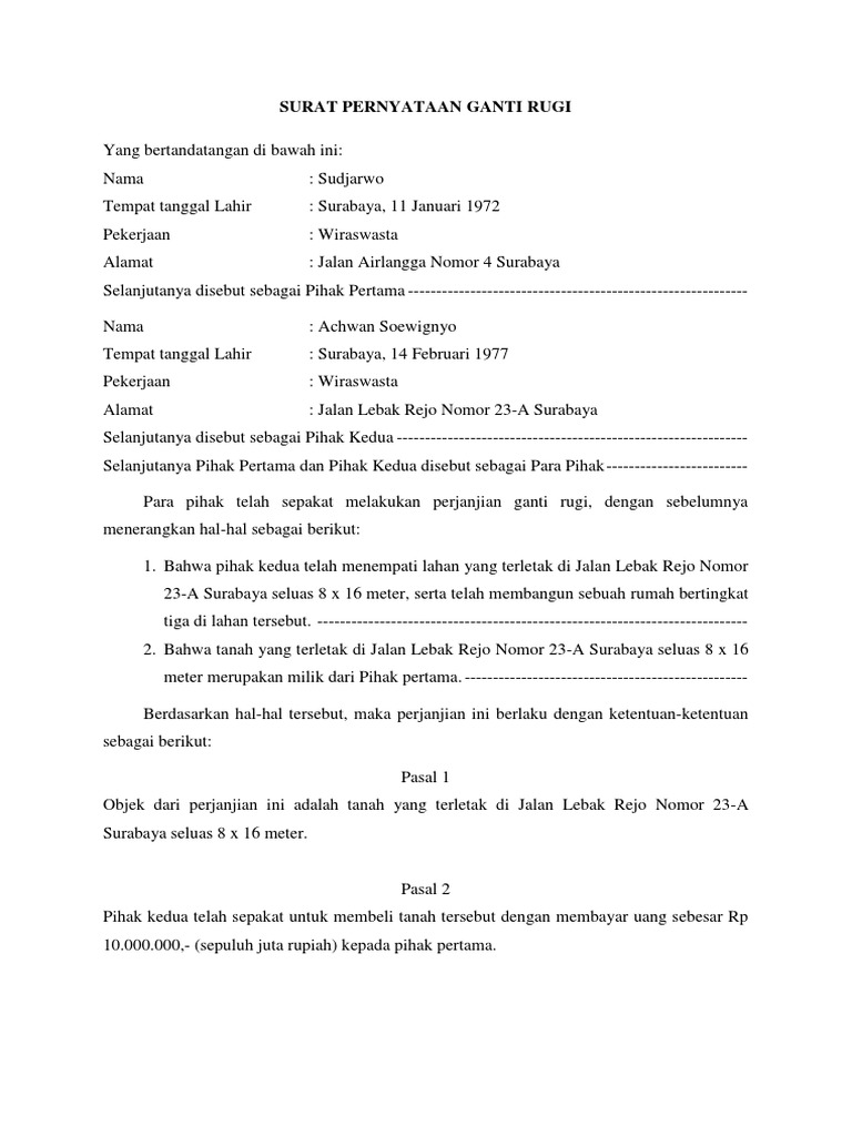 Surat Perjanjian Ganti Rugi Tanah | PDF | Hukum
