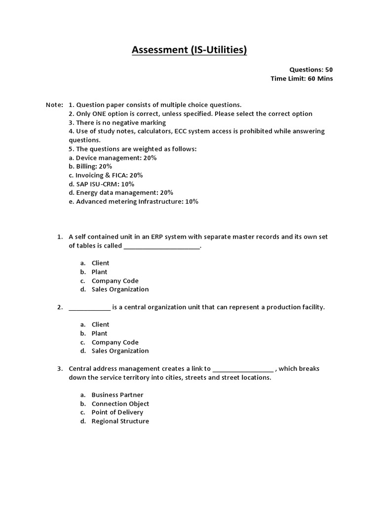 Assessment (IS-Utilities) : Questions: 50 Time Limit: 60 Mins | PDF ...