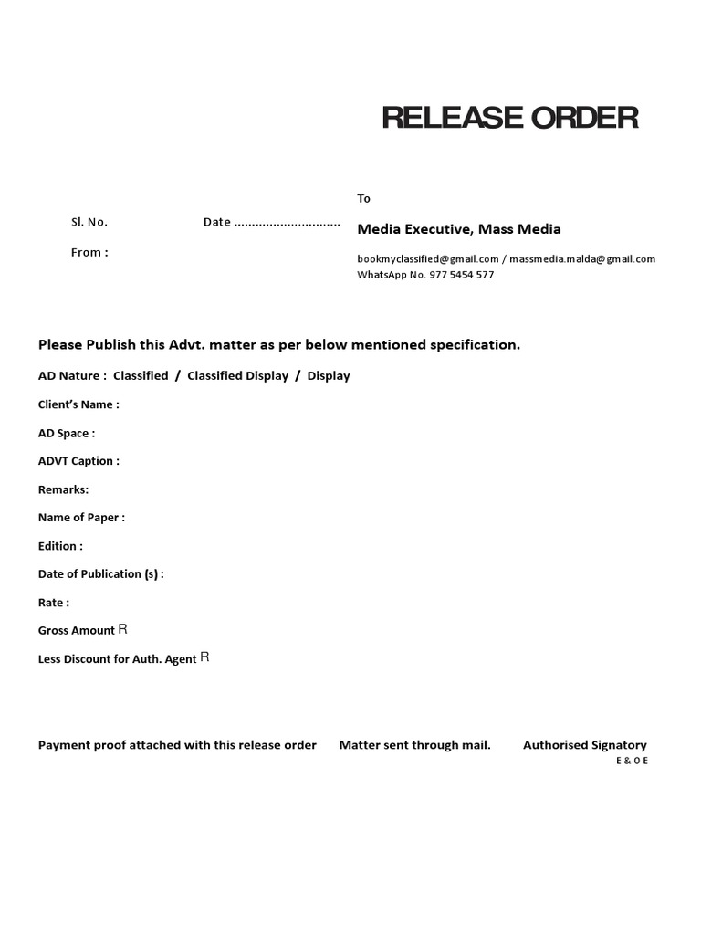 Release Order Format for Advertisements | PDF
