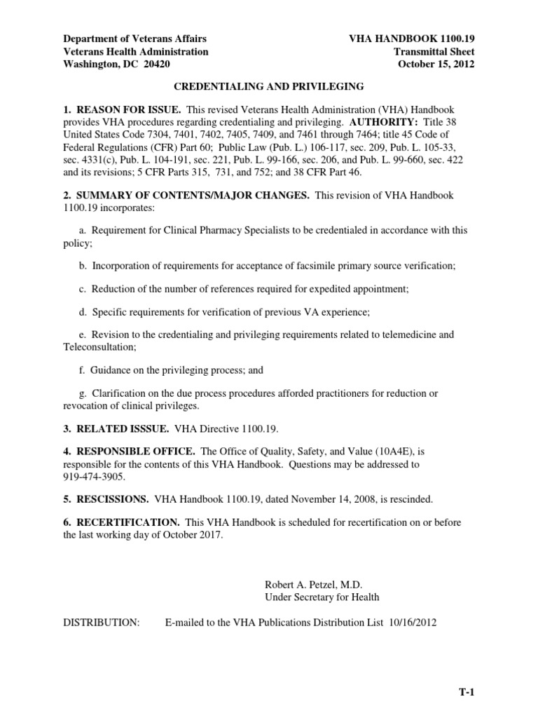 VHA Handbook 1100.19: Credentialing Guide | PDF | Veterans Health ...