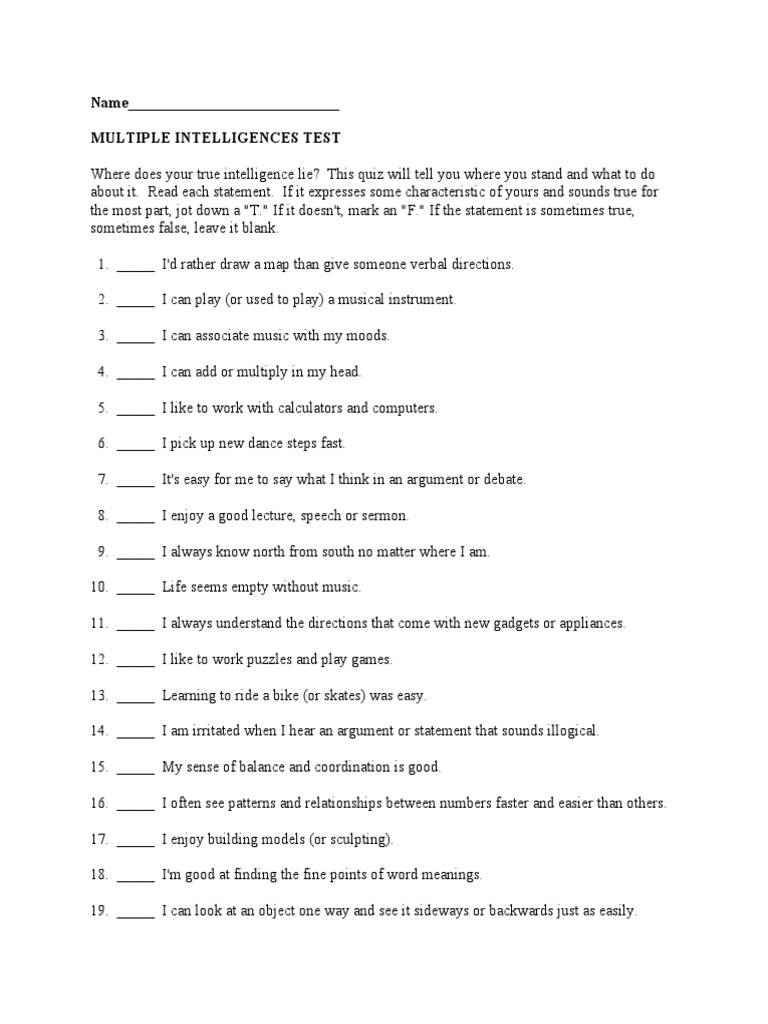 Multiple Intelligences Test | PDF | Learning | Mental Processes