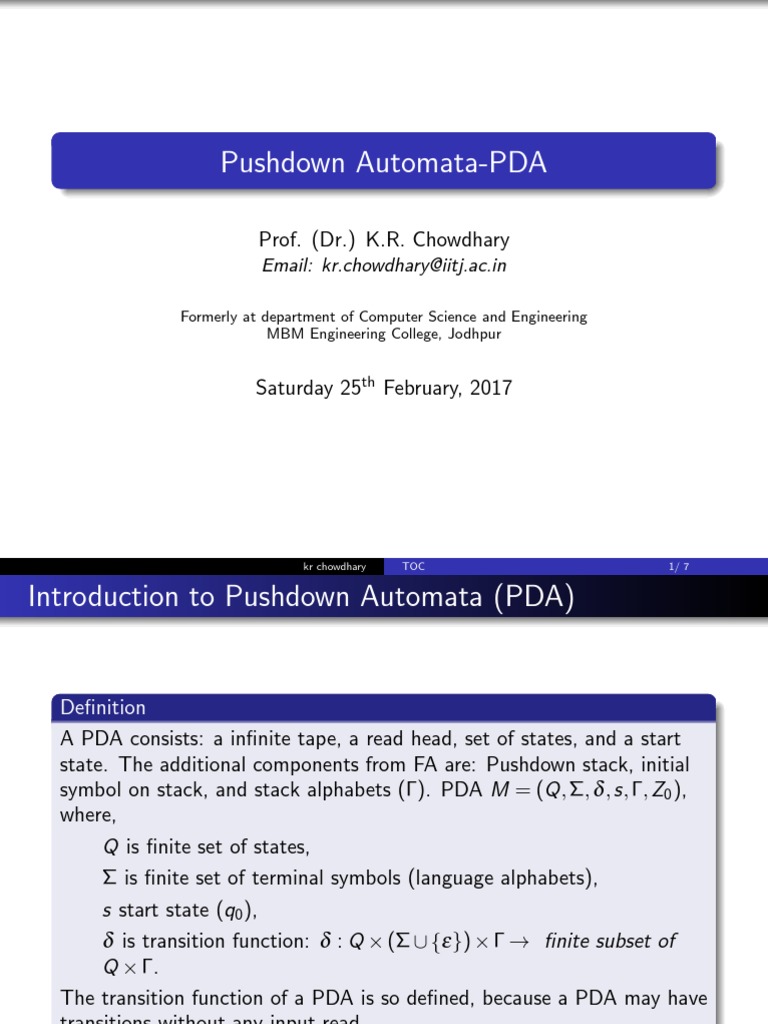 Pushdown Automata-PDA: Prof. (DR.) K.R. Chowdhary | PDF | Applied Mathematics | Theory Of ...