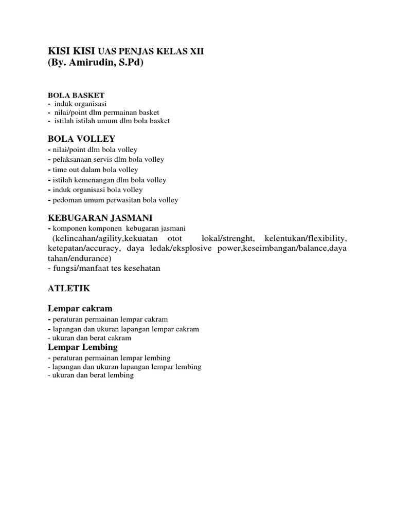 Kisi Kisi Uas Penjas Kelas Xii | PDF