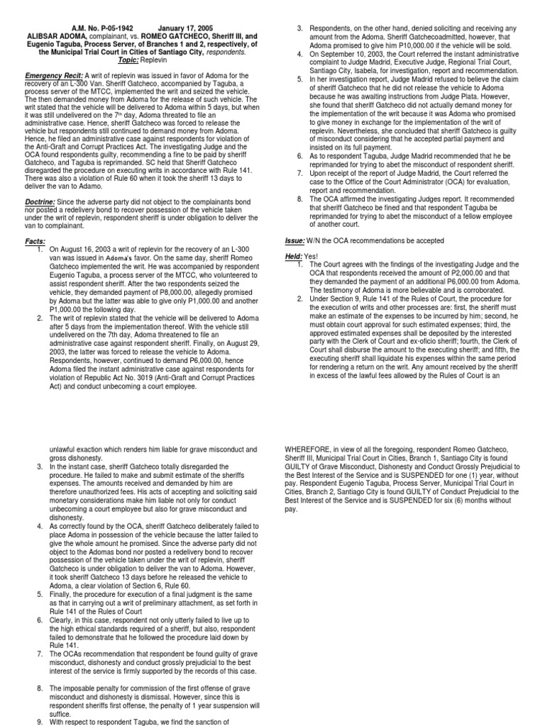 02) Adoma V Gatcheco | PDF | Service Of Process | Sheriff