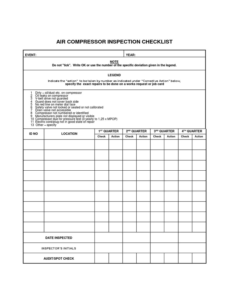Air Compressor Checklist | PDF | Gases | Gas Technologies