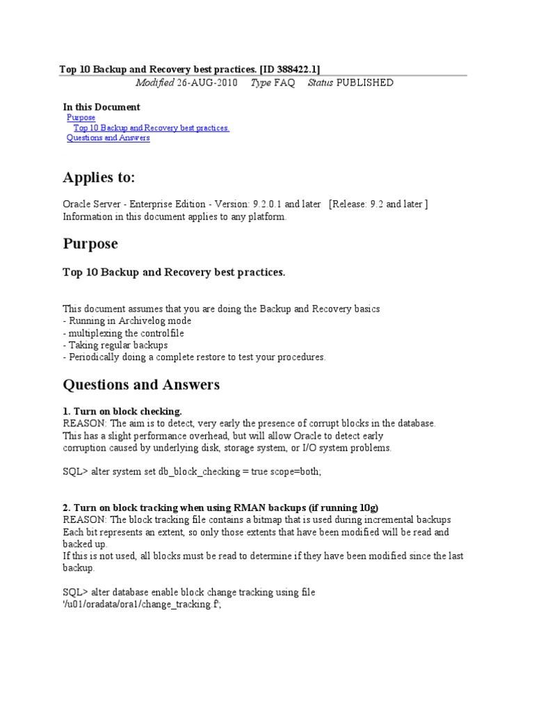 Top 10 Backup and Recovery Best Practices | PDF | Backup | Oracle Database