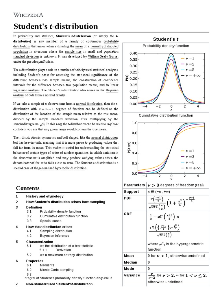 Student's T Distribution | PDF | Normal Distribution | Confidence Interval