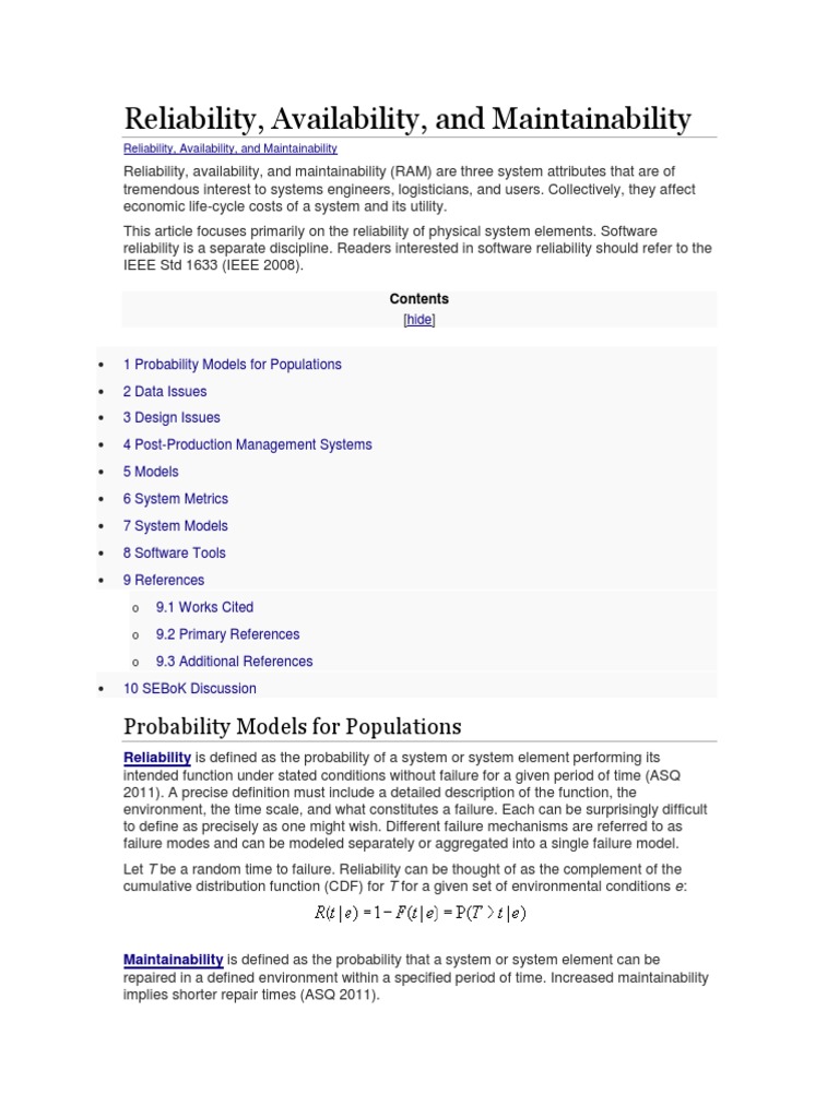 Reliability, Availability, and Maintainability: Probability Models For Populations | PDF ...