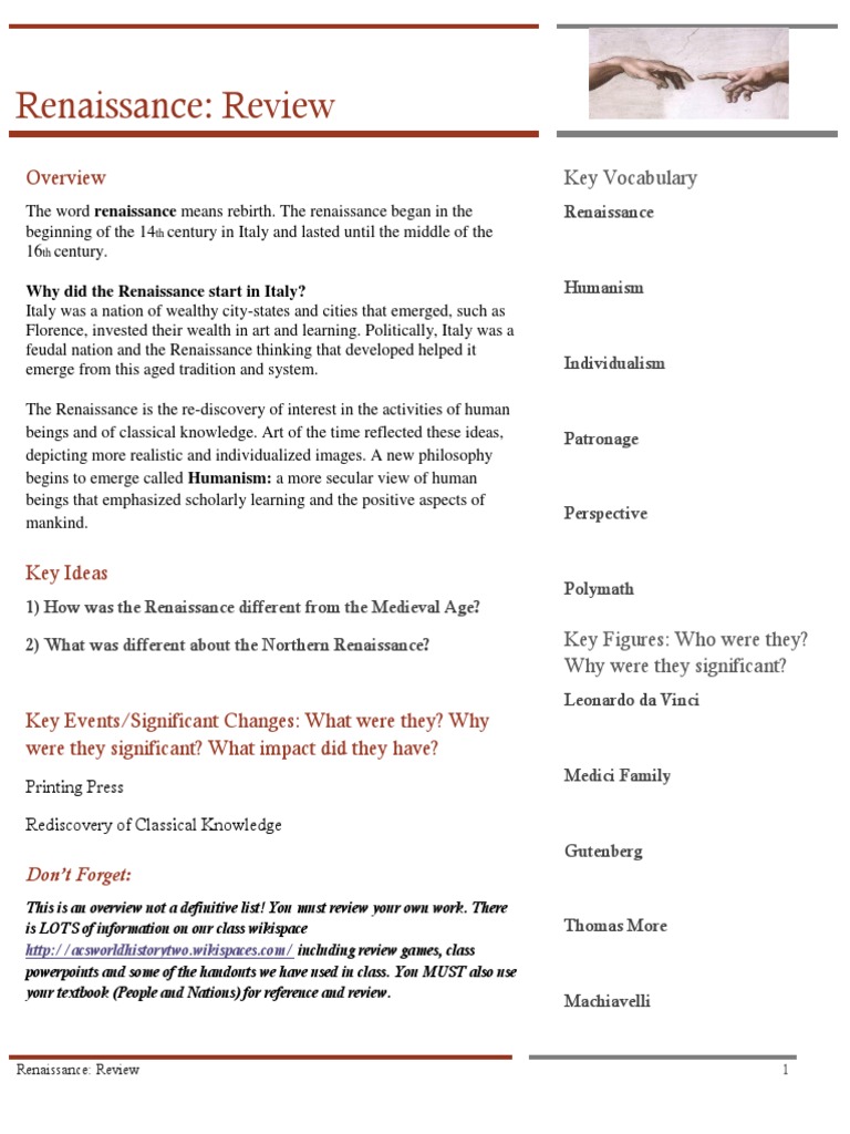 renaissance review sheet | Renaissance | Cultural Anthropology