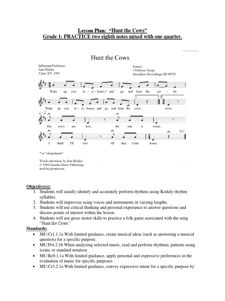 Hunt the Cows Lesson Plan | PDF | Rhythm | Lesson Plan