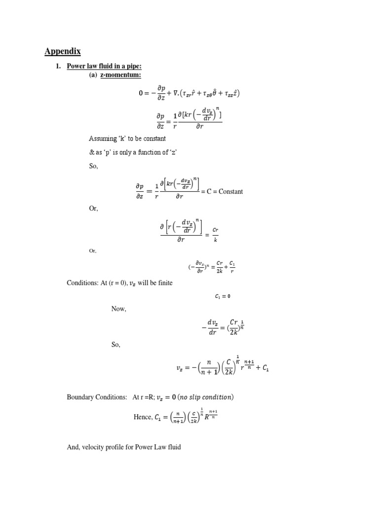 Appendix: 1. Power Law Fluid in A Pipe: (A) Z-Momentum | PDF ...