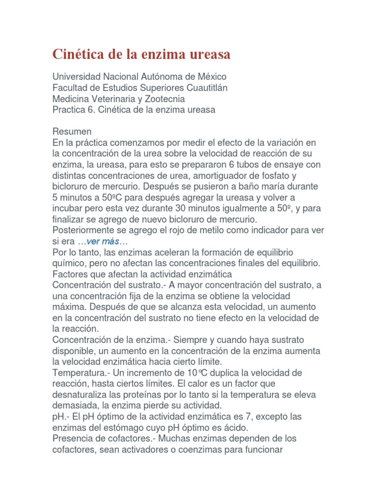 Cinética de La Enzima Ureasa | PDF