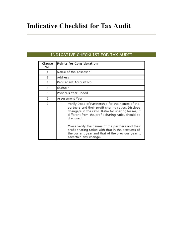 Indicative Checklist for Tax Audit | Expense | Cheque