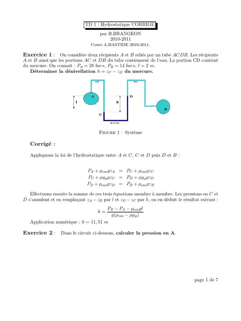 TD - Hydrostatique Avec Corrigé - 2 PDF | PDF | mesure de pression | Pression