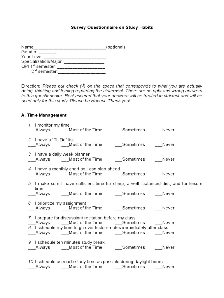 Survey Questionnaires in The Study of Study Habits of Students | PDF ...