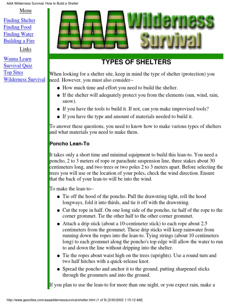 Types of Wilderness Survival Shelters | PDF | Trees | Parachute
