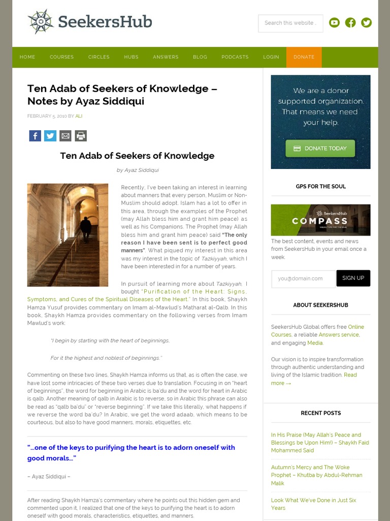 Ten Adab of Seekers of Knowledge - Notes by Ayaz Siddiqui | PDF ...