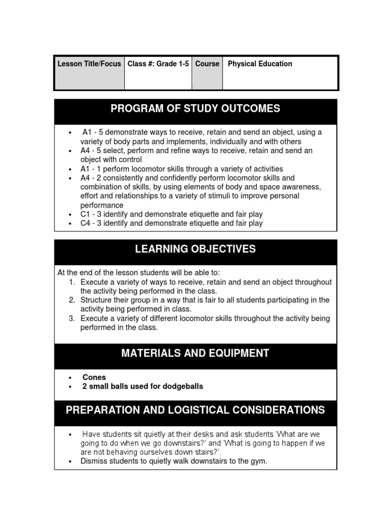 Grade 1-5 Physical Education Lesson Plan | PDF | Physical Education ...