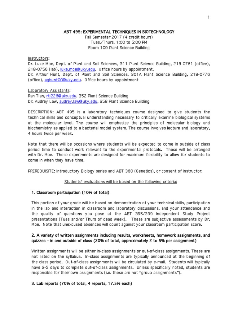 Abt 495 Fall 2017 Syllabus Old | PDF | Plasmid | Molecular Cloning
