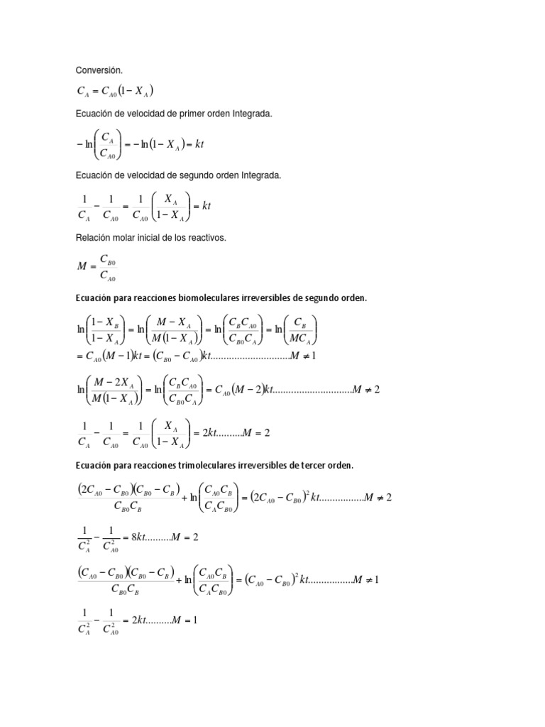 Formulario de Reactores | PDF | Cinética química | Ingeniería de Procesos Químicos