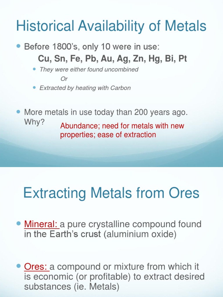Historical Availability of Metals: Before 1800's, Only 10 Were in Use ...