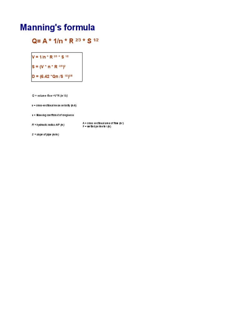 Manning's Formula for Pipe Flow Calculations | PDF | Building ...