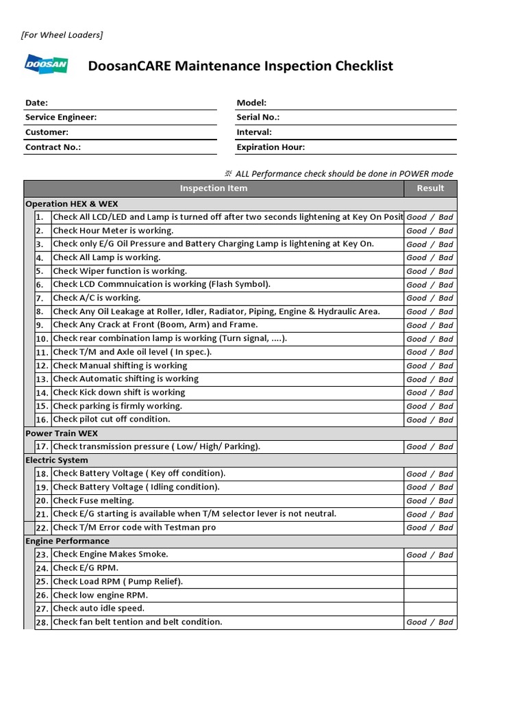 DoosanCARE Maintenance Inspection - Wheel Loader | PDF | Loader ...