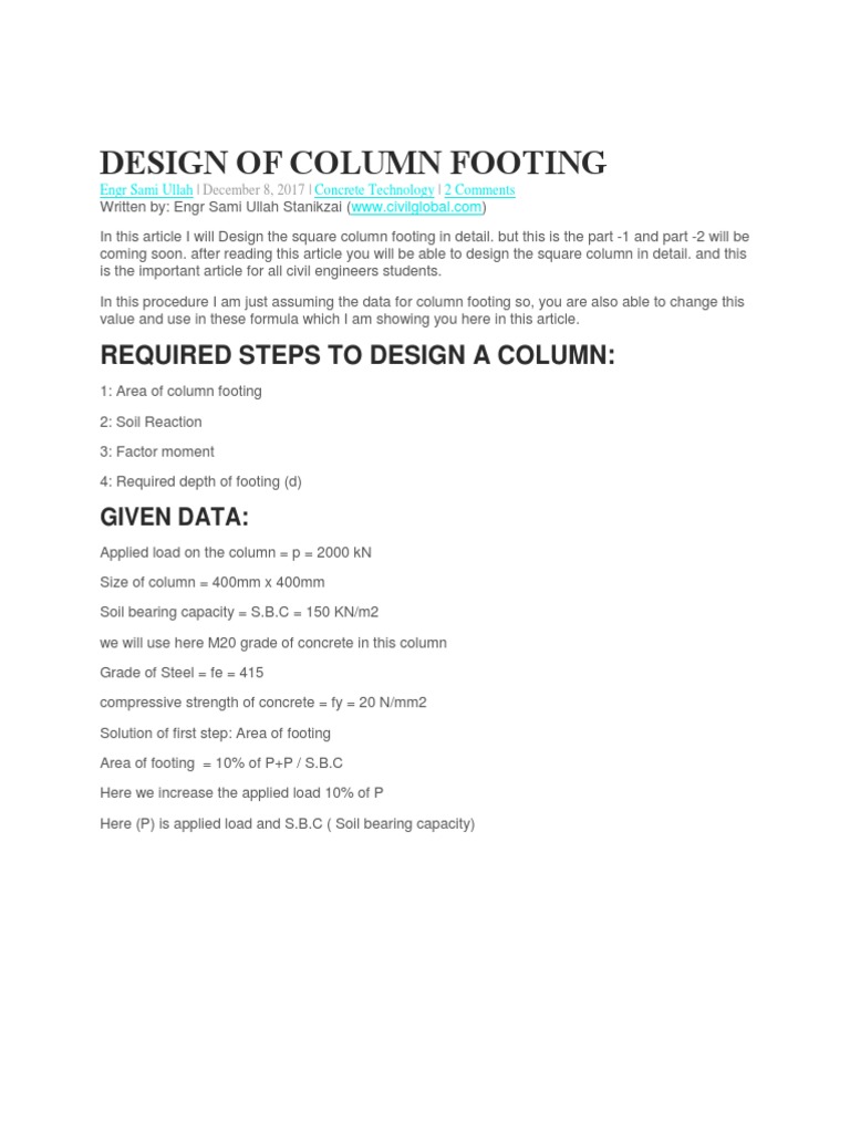 Column Footing Design Steps Explained | PDF | Concrete | Applied And ...