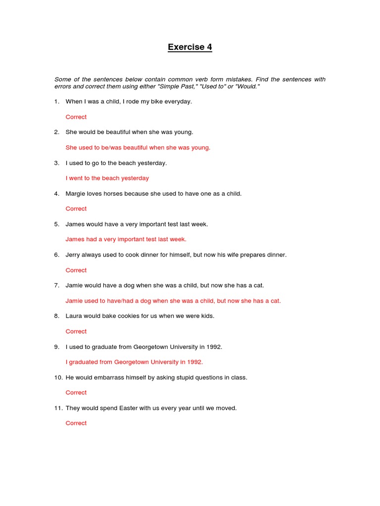 Used To - Would - Exercise 4 - Answers | PDF