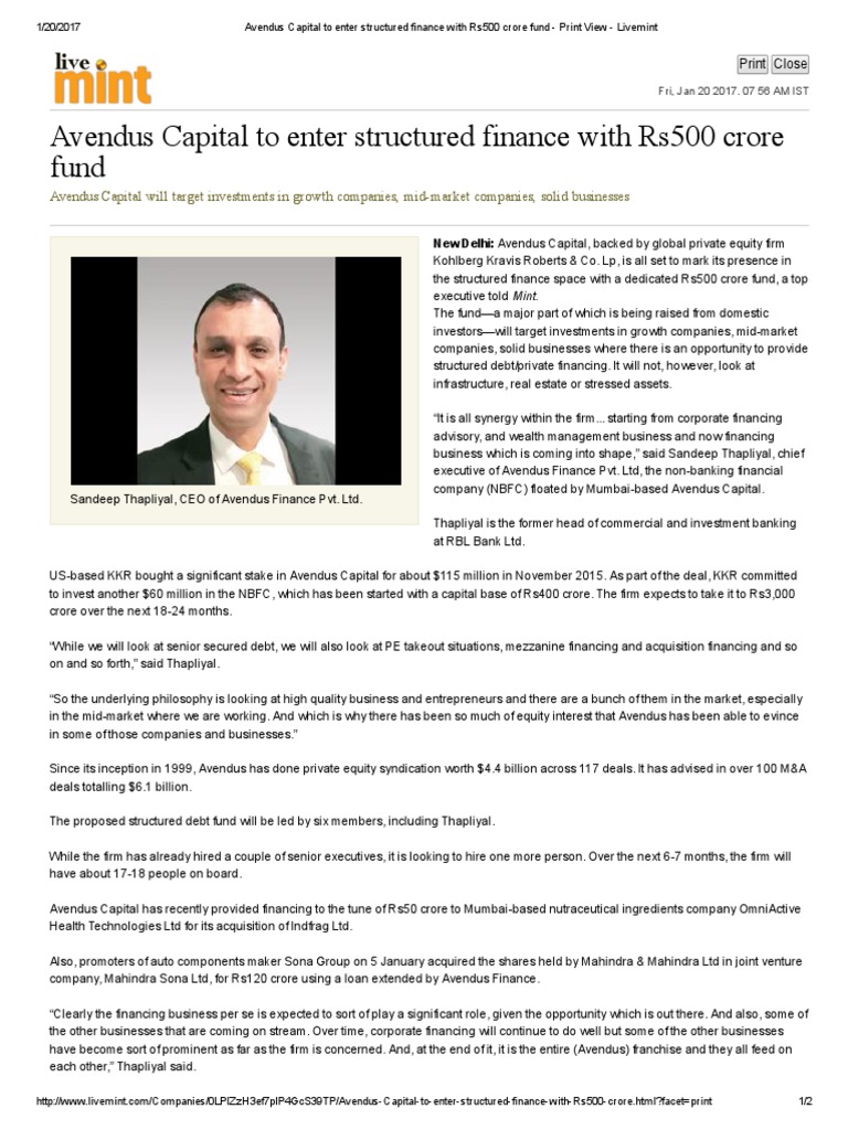 Avendus Capital Structured Finance With Rs500 Crore Fund | PDF ...