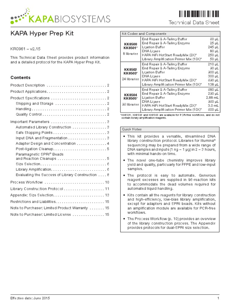 03 KAPA Hyper Prep Kit KR0961-TDSv2.15 Final 24 RXN Reddy GGR | PDF ...