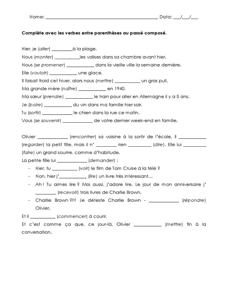 1 - Ficha de Trabalho - Le Passé Composé | PDF
