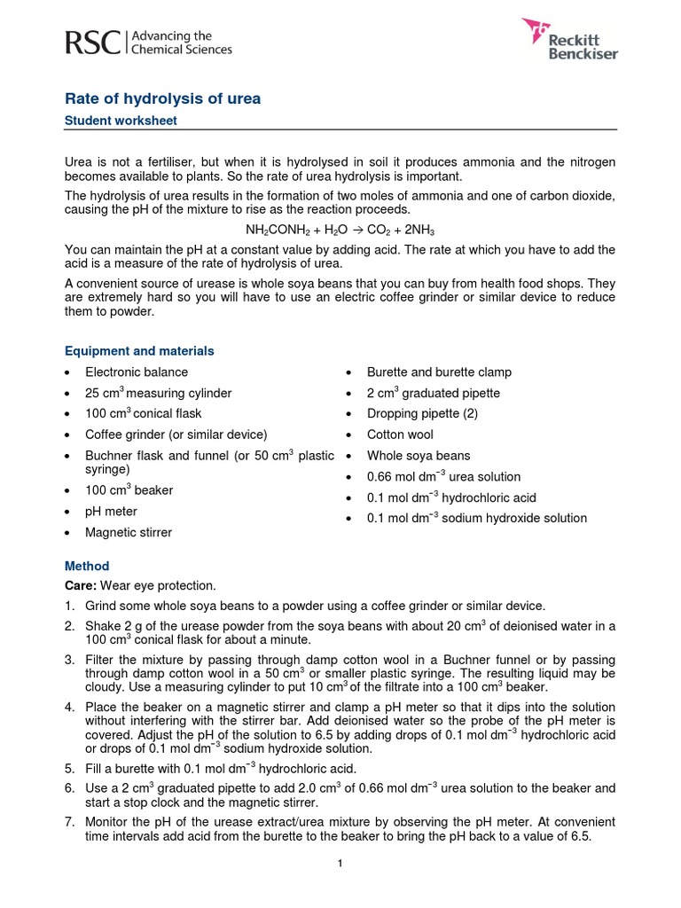 Rate of Hydrolysis of Urea: Student Worksheet | PDF | Urea | Ph