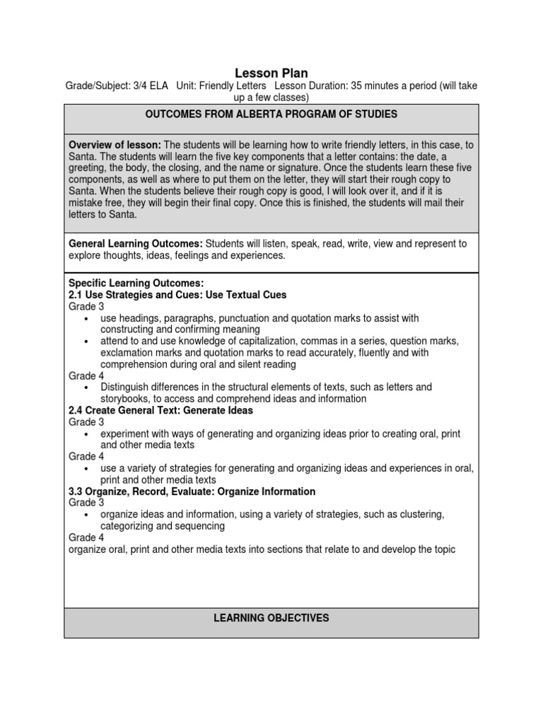 Friendly Letters Lesson Plan | PDF | Educational Assessment | Reading ...