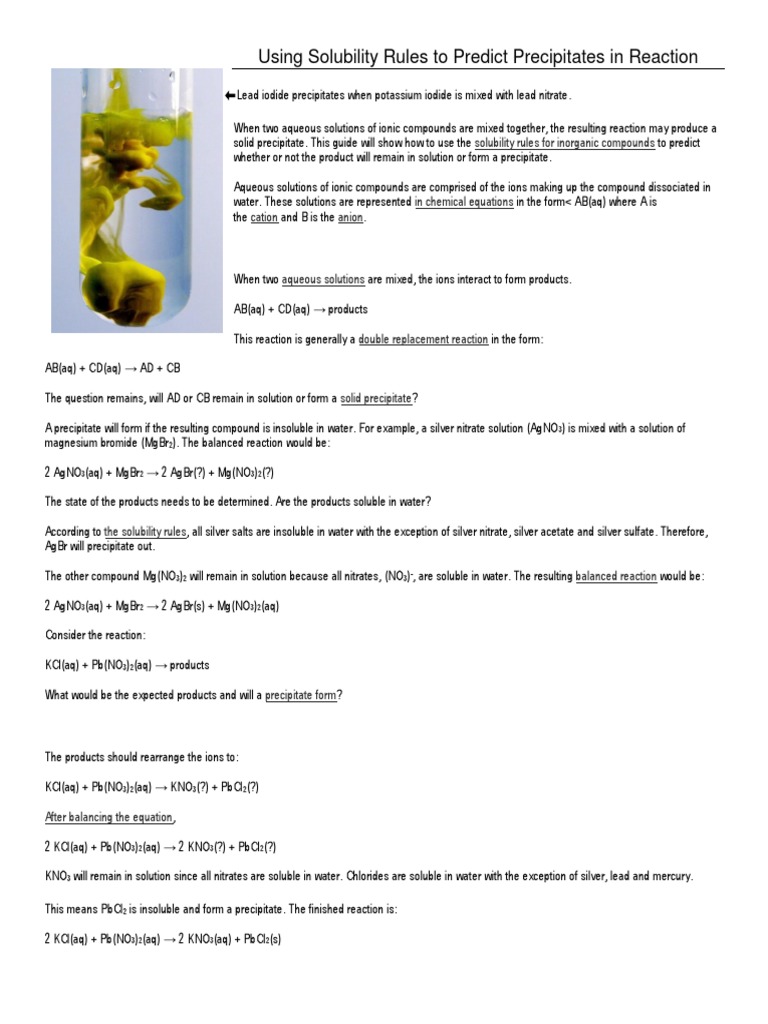 Using Solubility Rules To Predict Precipitates in Reaction | PDF ...