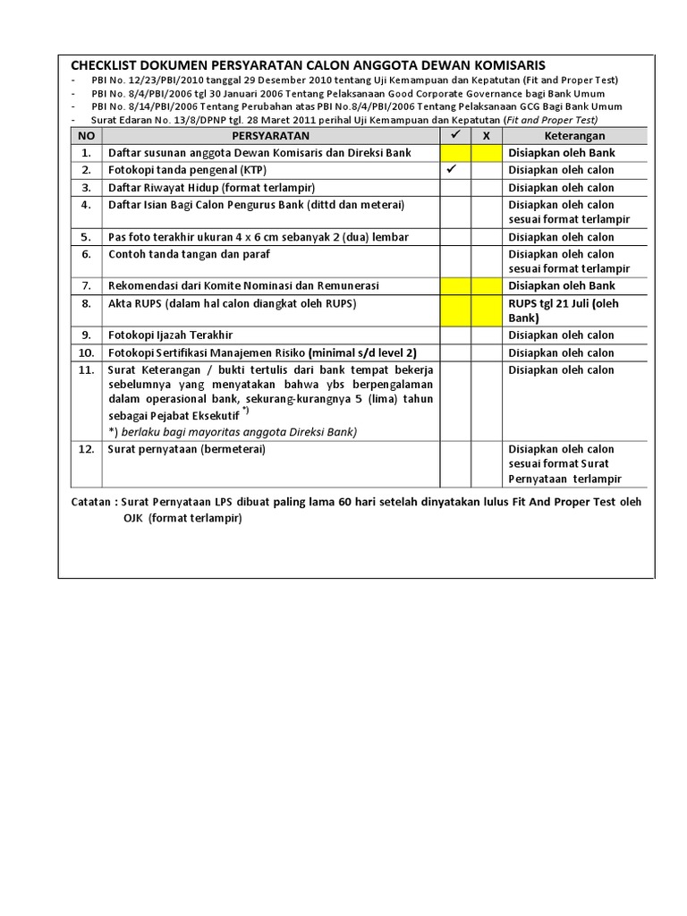 1 - Checklist Persyaratan Fit N Proper Test Dewan Komisaris Bank Banten ...