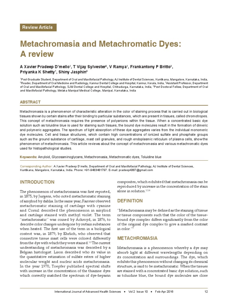 Metachromasia and Metachromatic Dyes: A Review | PDF | Staining ...