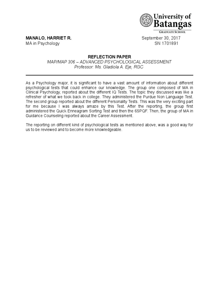 Sample Reflection Paper | PDF | Psychological Testing | Tests