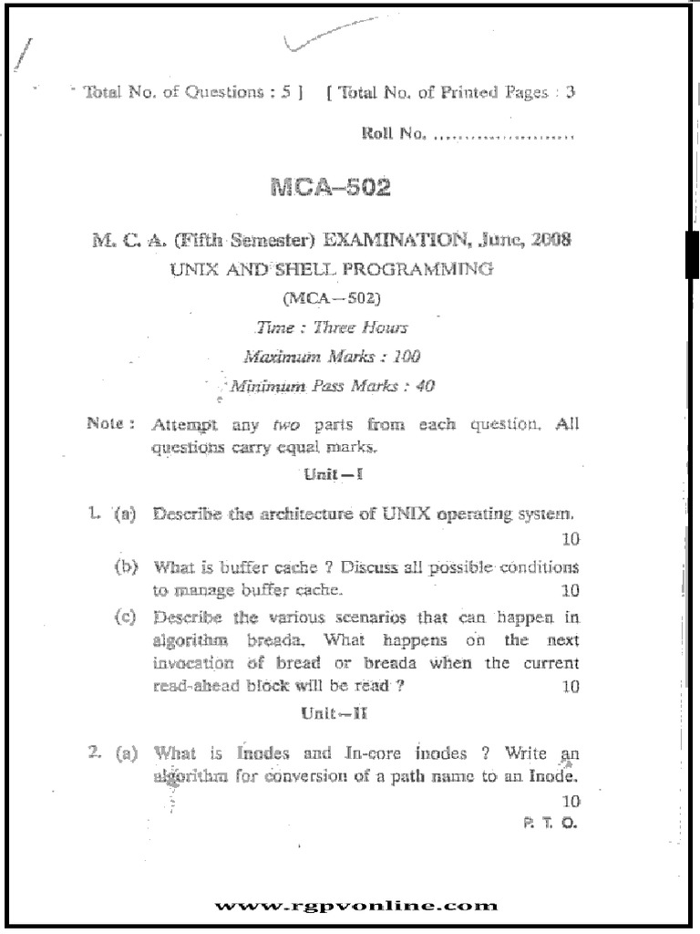 Mca-502 Unix and Shell Programming Jun 2008 PDF | PDF | C (Programming Language) | Computer File