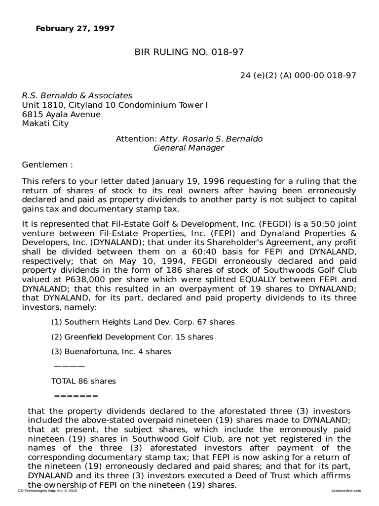 BIR RULING NO. 018-97: R.S. Bernaldo & Associates | PDF | Capital Gains ...