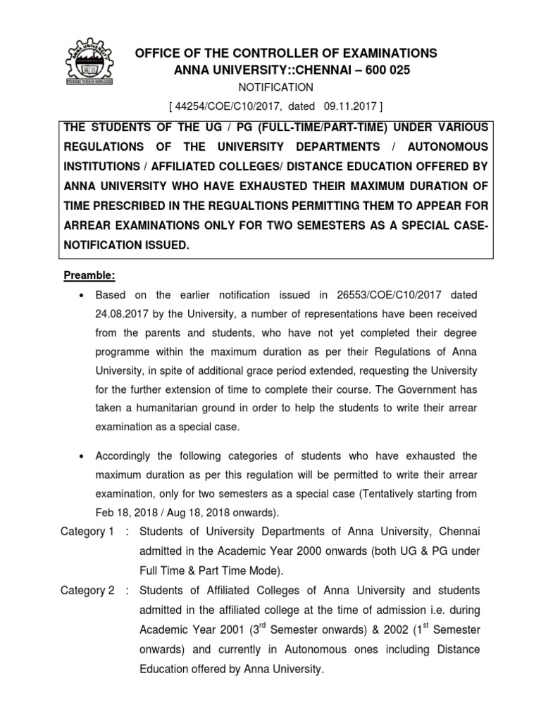 Office of The Controller of Examinations Anna University::Chennai - 600 ...