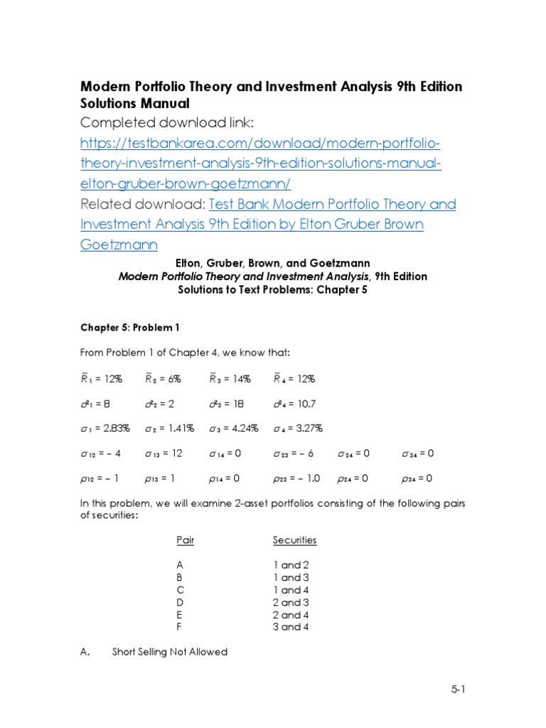 Modern Portfolio Theory and Investment Analysis 9th Edition Solutions ...