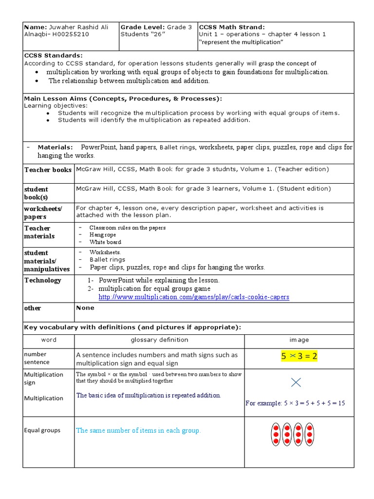 Multiplication Lesson Plan (Repeated Addition | PDF | Lesson Plan ...