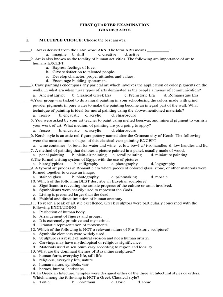 MAPEH Arts 9 First To Fourth Quarter Examination | PDF | Paintings ...