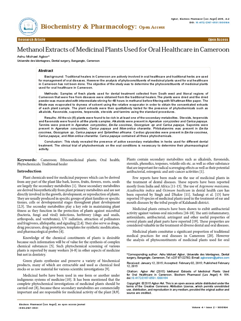 Methanol Extracts of Medicinal Plants Used For Oral Healthcare in ...