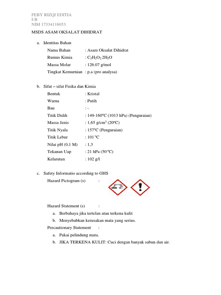 Msds Asam Oksalat Dihidrat | PDF | Sains & Matematika