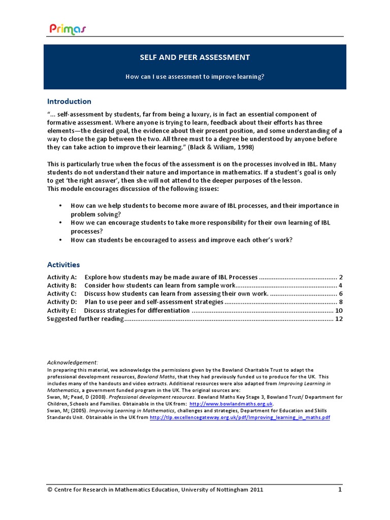 7 Self and Peer Assessment | PDF | Educational Assessment | Teaching ...