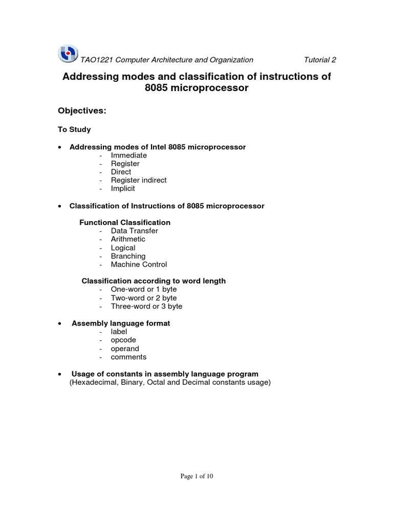 Addressing Modes and Classification of Instructions of 8085 Microprocessor | PDF | Assembly ...